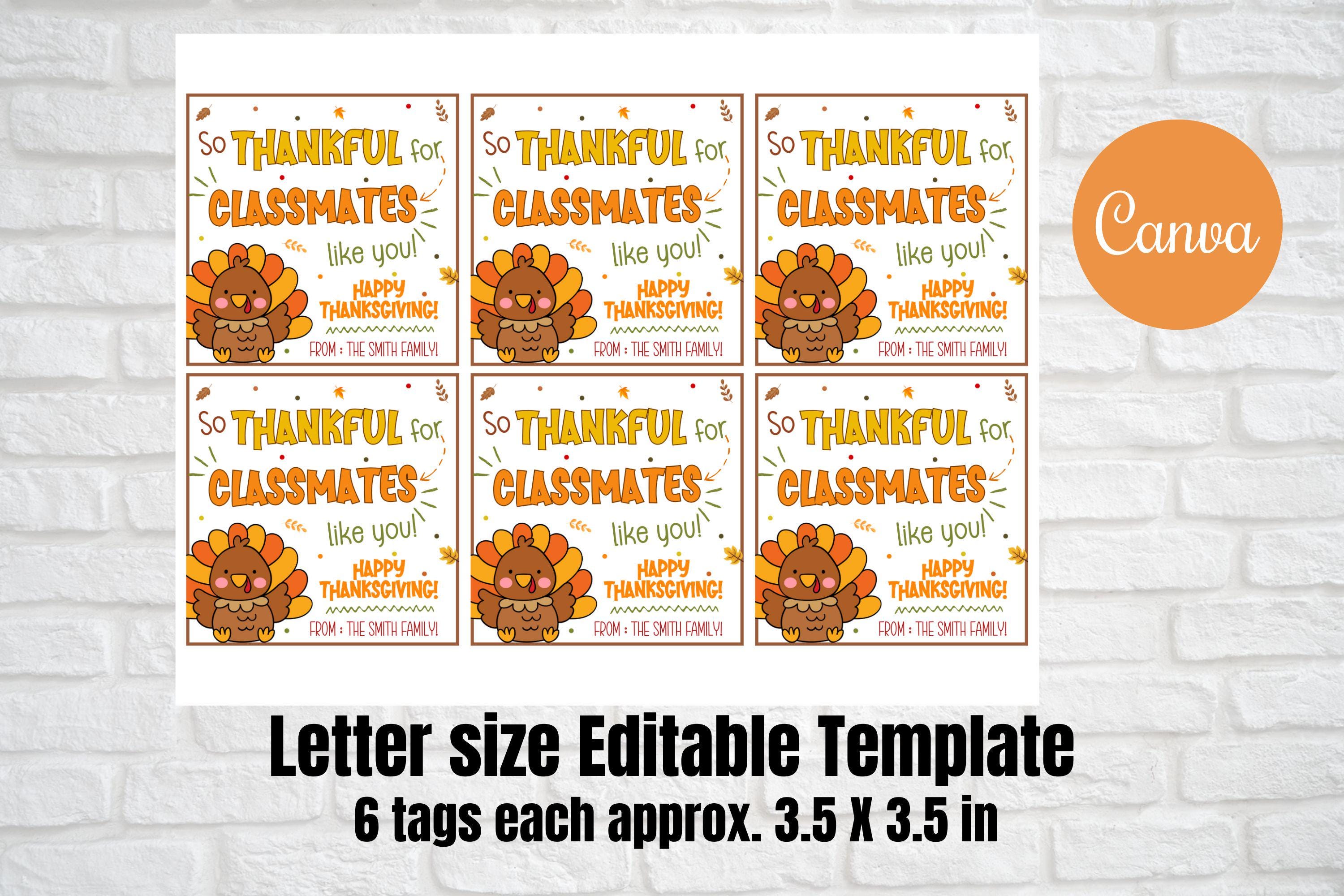 Thanksgiving Gift Treat Tags for Classmates, School Friends, so ...