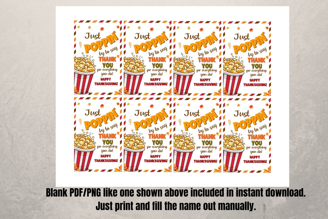 Popcorn Thanksgiving Gift Tags, Just Poppin by to Say Thank You ...