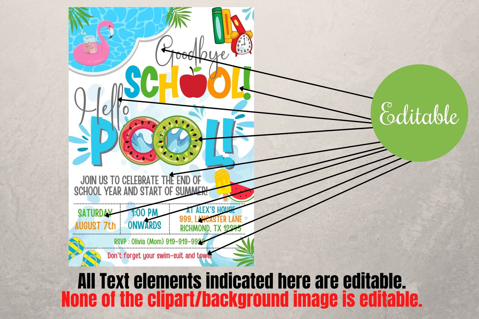 EDITABLE Goodbye School Hello Pool End of School Party Invite - Etsy