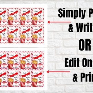 Valentine Popcorn Gift Tags, Just Poppin by to Say Happy Valentines Day ...