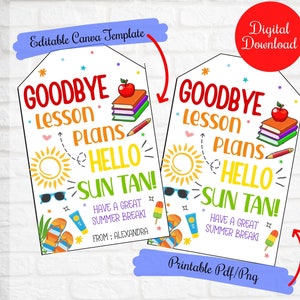 Goodbye Lesson Plans Hello Suntan Gift Tags, End of Year Summer Thank ...