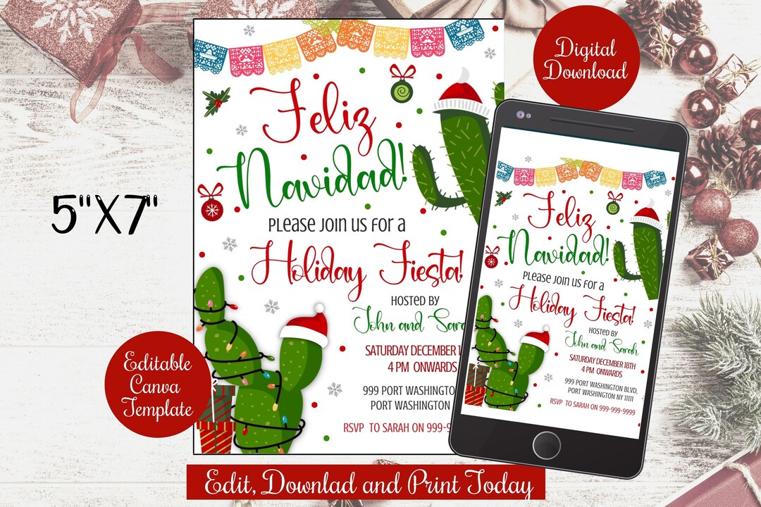 EDITABLE Feliz Navidad Christmas Party Invite Evite , Holiday Fiesta Invitation Digital, Mexican ...