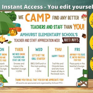 Editable Camping Themed Teacher Appreciation Week Schedule - Etsy