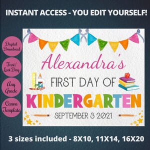 Watercolor First Day of School Sign Printable, Cute, Simple Editable ...