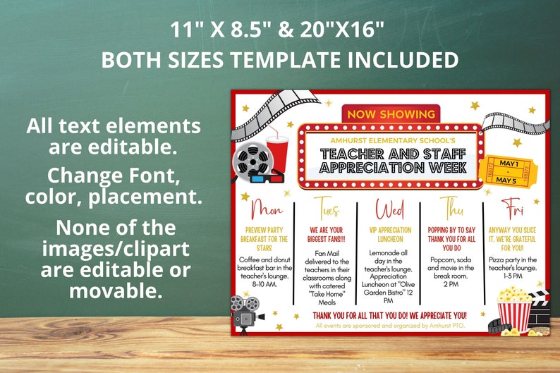 Editable Hollywood Movie Themed Teacher Appreciation Week Schedule, Pto ...