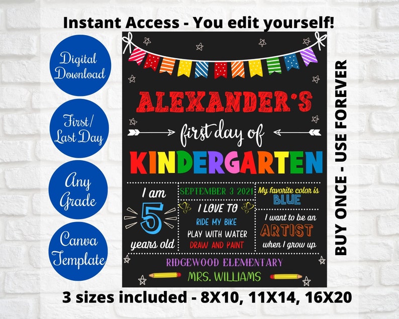 Chalkboard First Day of School Sign Printable, Editable Canva Template ...