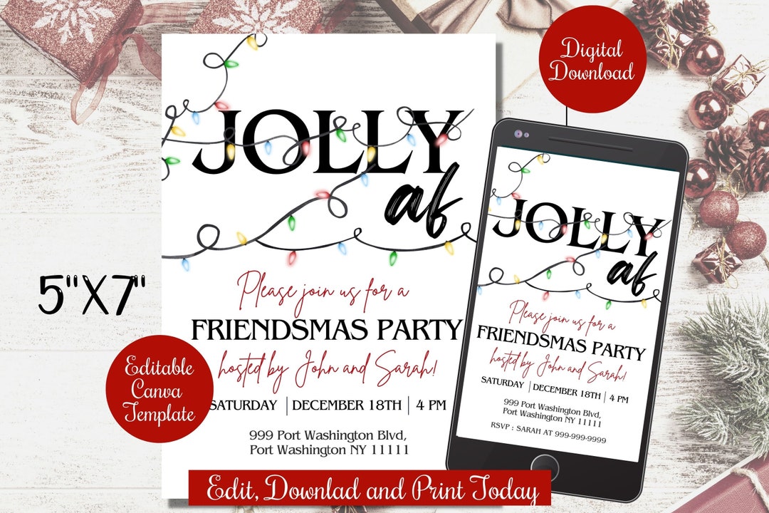 Editable Jolly AF Friendsmas Party Invite Minimal Funny Christmas ...