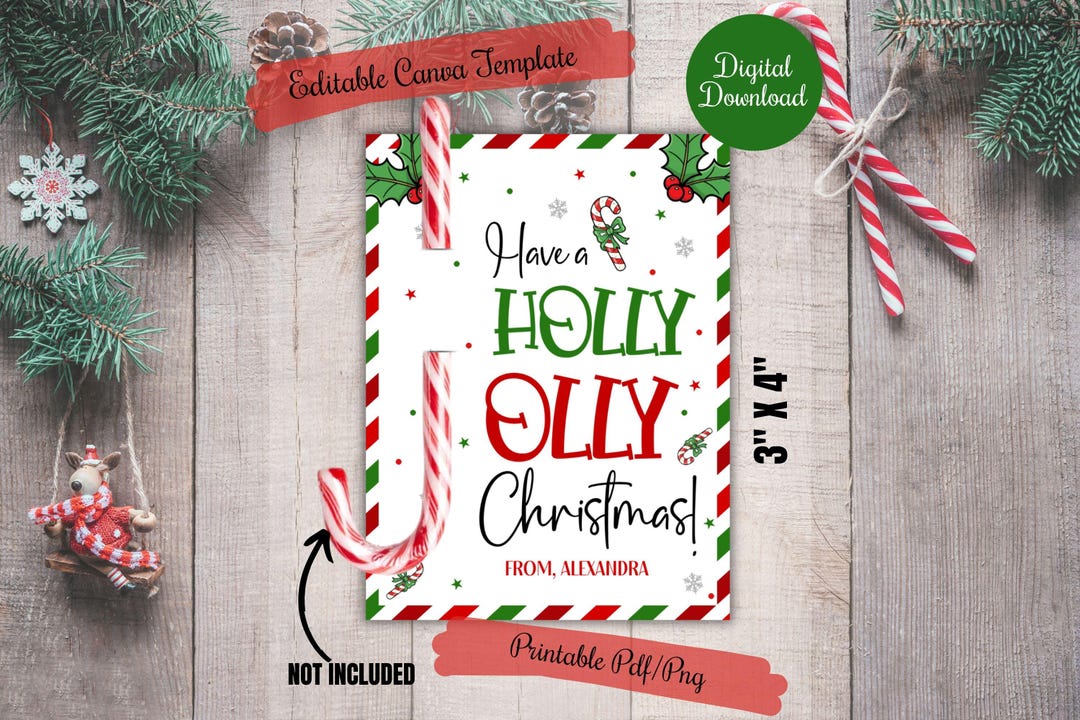 Editable Christmas Candy Cane Holder Gift Tags, Have a Holly Jolly ...