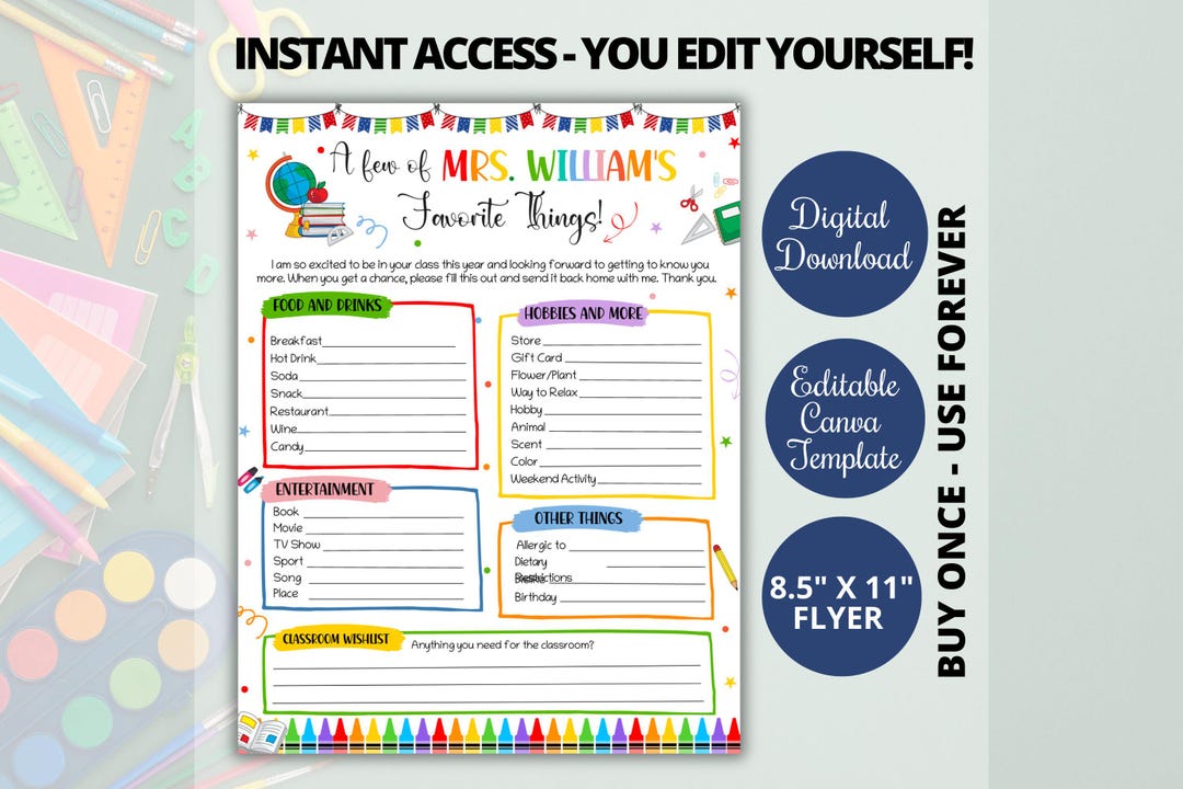 Editable Colorful Teacher Favorites Questionnaire, Back to School ...