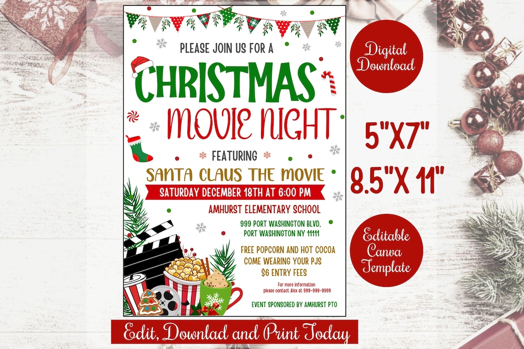 Christmas Movie Night Invitation Template, Editable PTO PTA Community ...