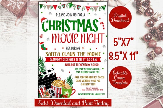 Christmas Movie Night Flyer Editable Template Holiday Cinema Party In