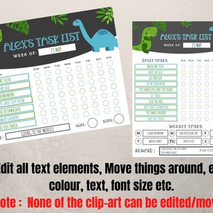Cute Dinosaur Themed Responsibility Chore Chart for Kids in Editable ...