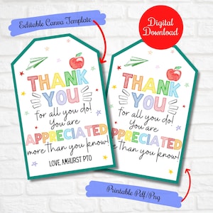 Teacher Appreciation Gift Tags, Thank You Gift Tags, Teacher Staff ...