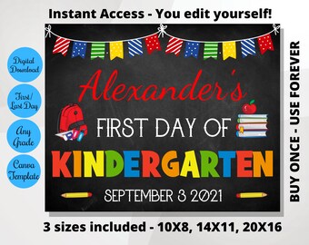 Chalkboard First Day Of School Sign printable Editable Canva | Etsy