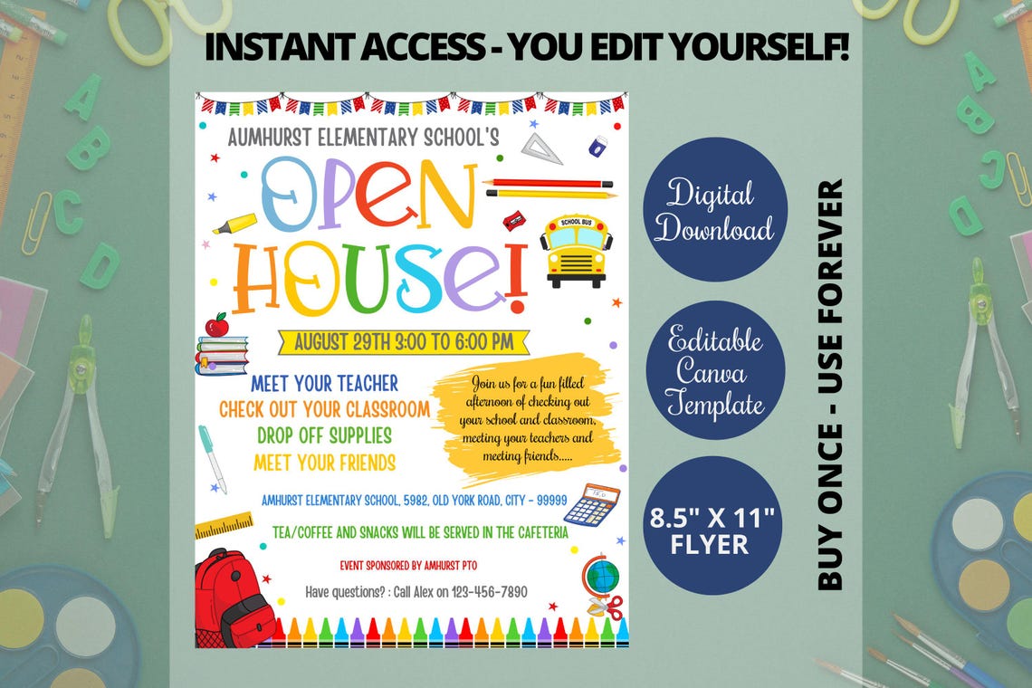 Back to School Open House Flyer for PTO, PTA, Printable Open House for ...