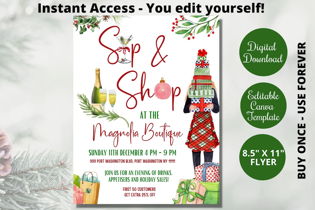 Christmas Sip and Shop Flyer Template, Editable Winter Holiday ...