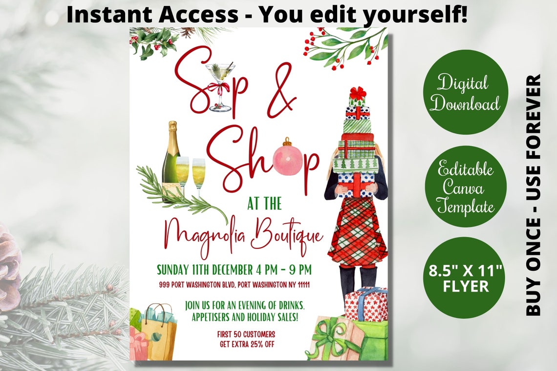 Christmas Sip and Shop Flyer Template, Editable Winter Holiday ...