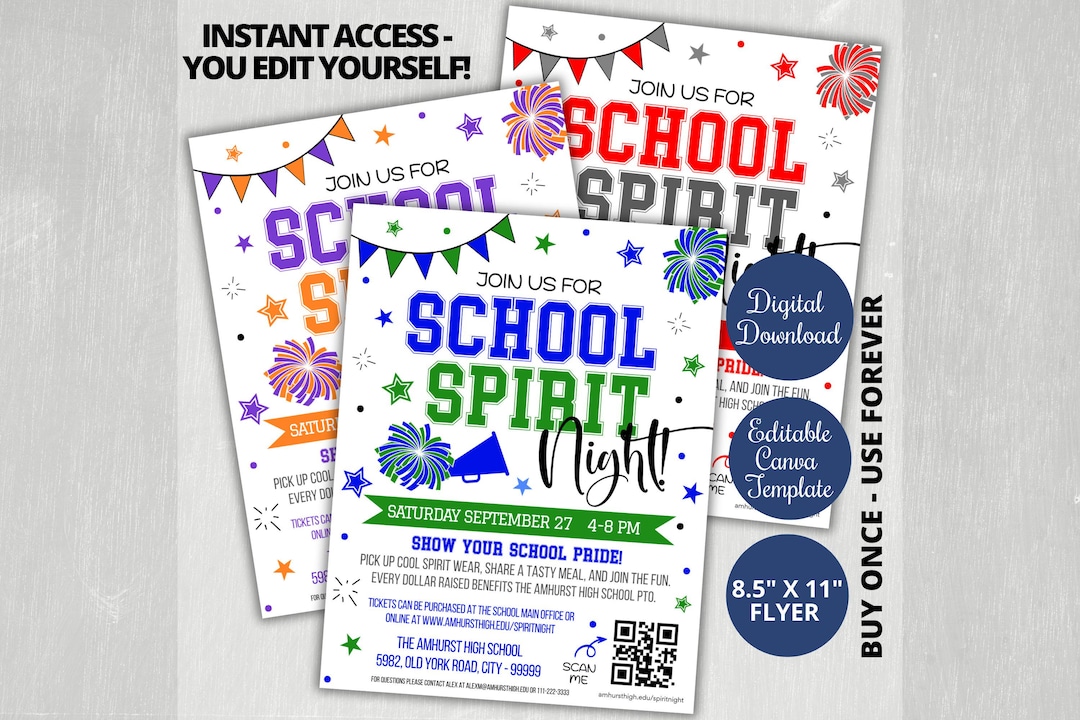 EDITABLE School Spirit Night Flyer, Canva Template | Printable Pep ...