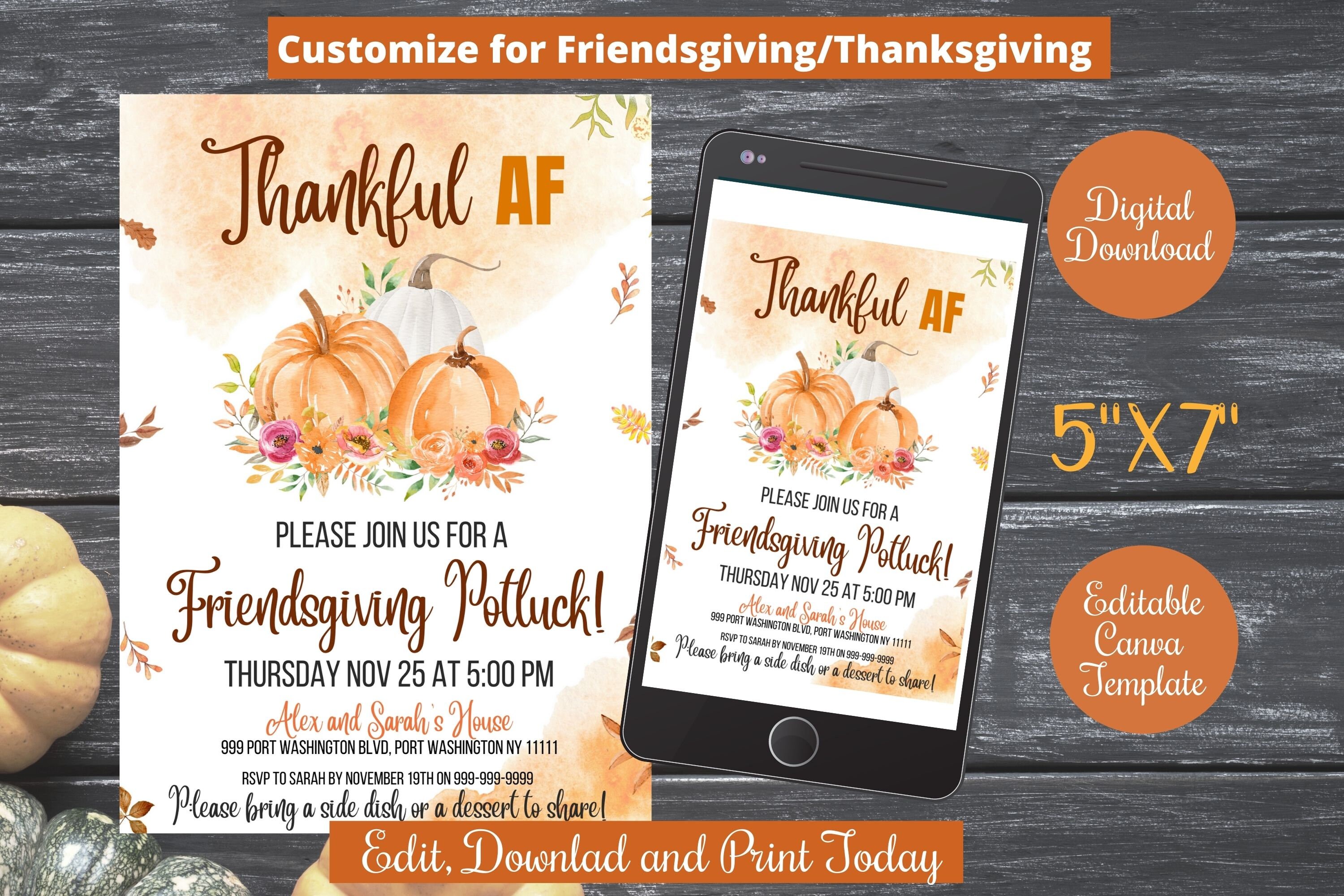 Thankful AF Friendsgiving Potluck Party Invite Printable - Etsy