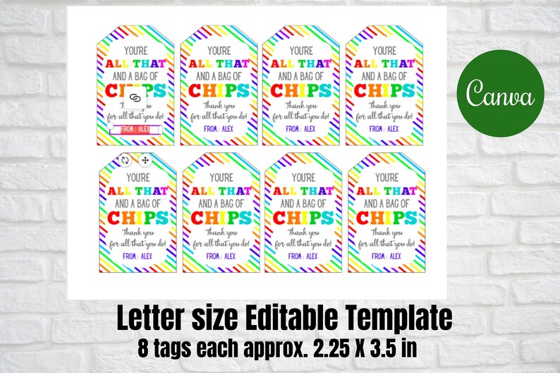 Bag of Chips Editable Thank You Gift Tags, Teacher Employee Busdriver ...