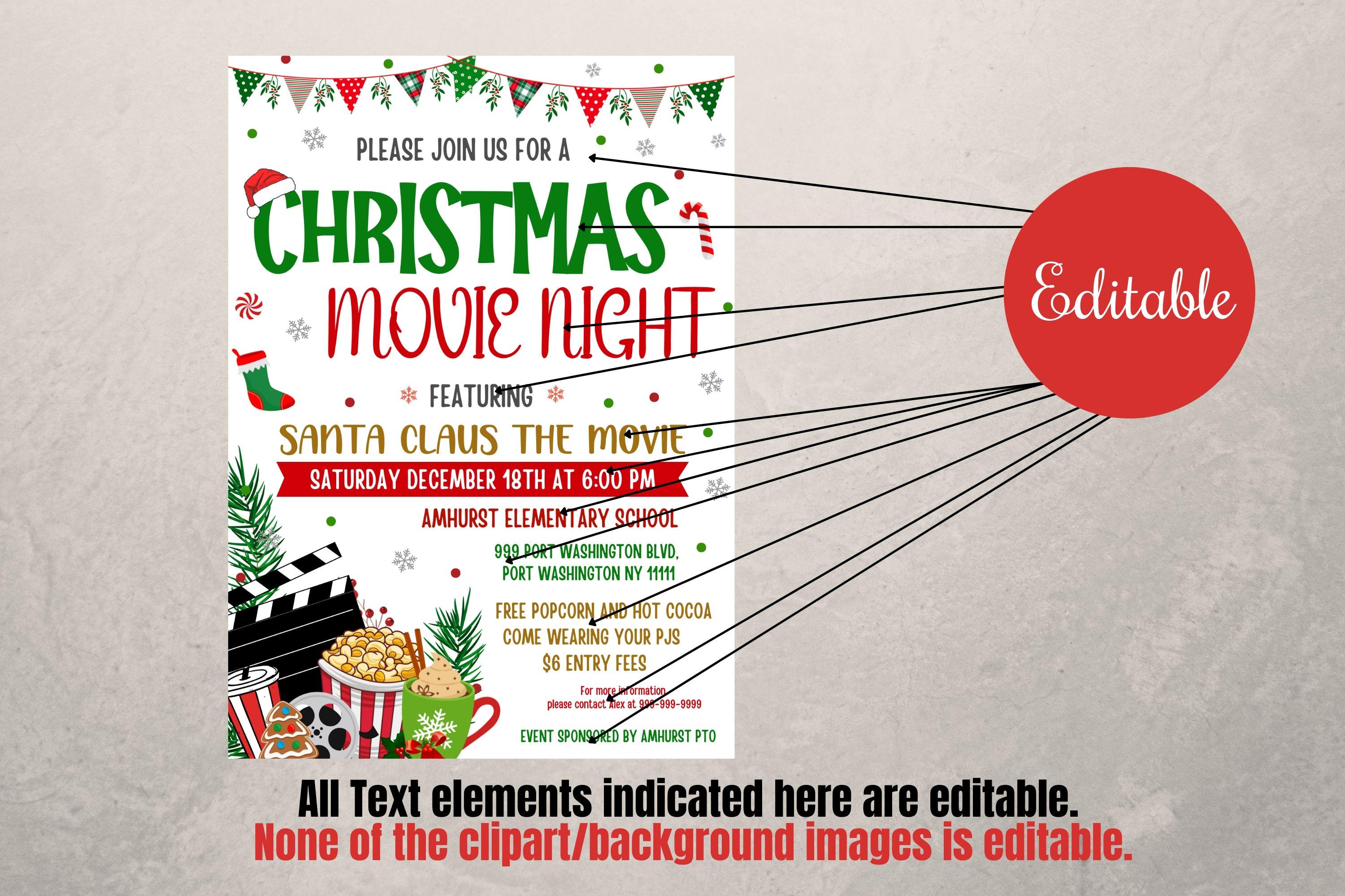 Christmas Movie Night Invitation Template, Editable PTO PTA Community ...