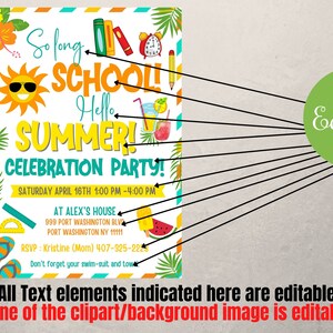 EDITABLE End of School Party Invite Evite ,so Long School, Hello Summer ...