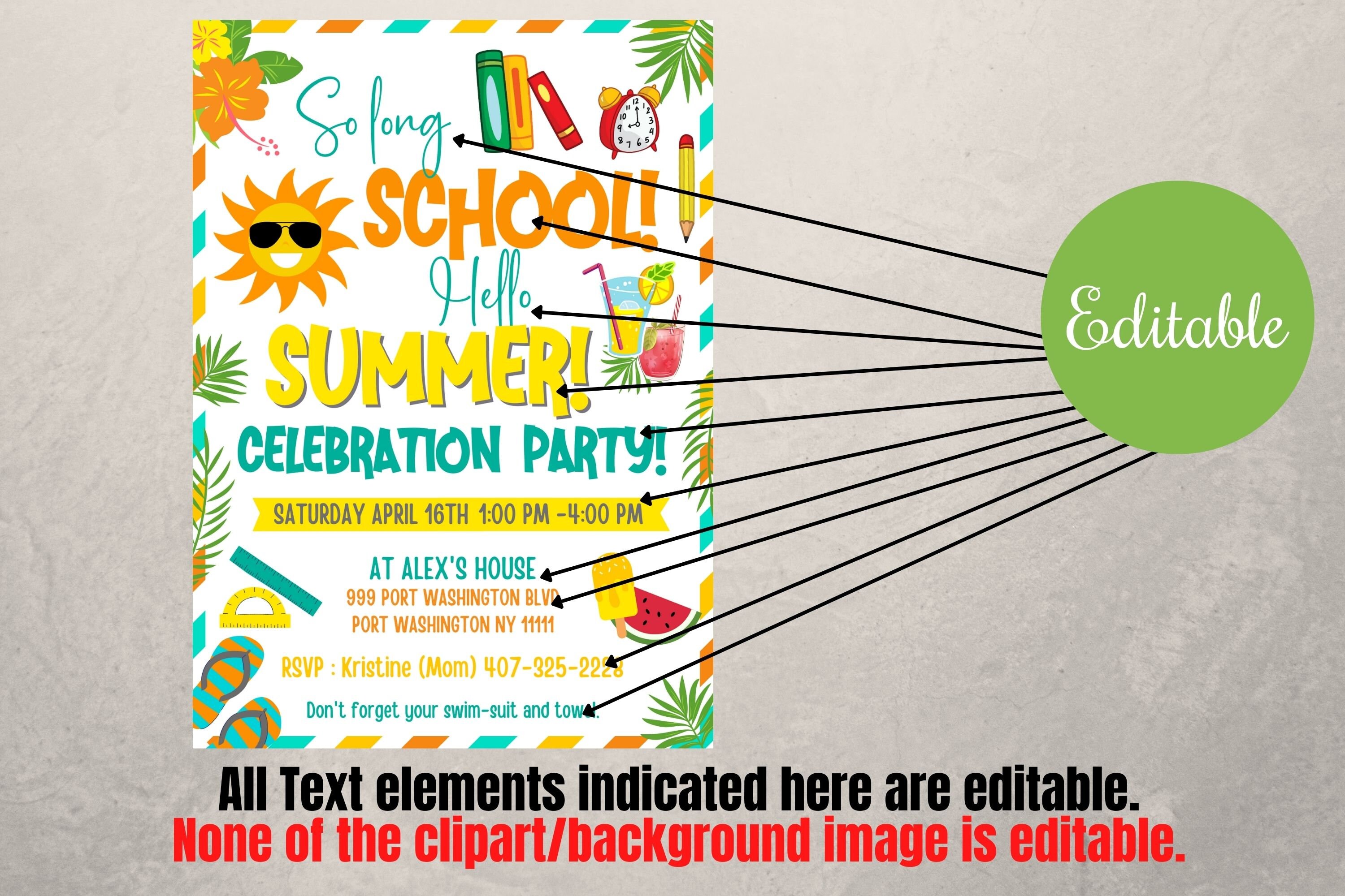 EDITABLE End of School Party Invite Evite ,so Long School, Hello Summer ...