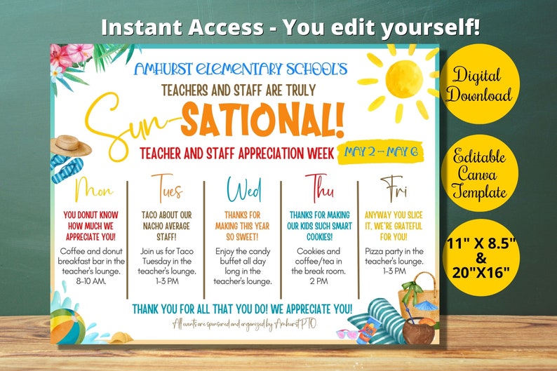 Editable Sunsational Teacher Appreciation Week Schedule Beach - Etsy