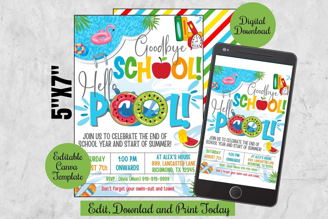EDITABLE Goodbye School Hello Pool End of School Party Invite Evite ...