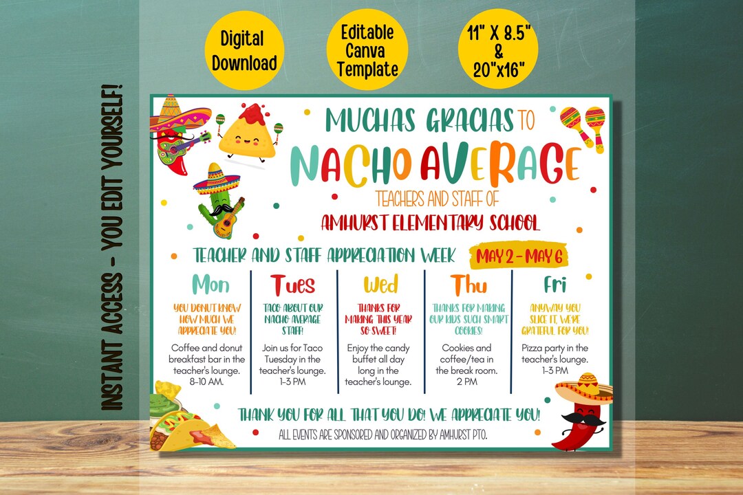 Editable Nacho Average Teacher Appreciation Week Schedule, Taco Nachos ...