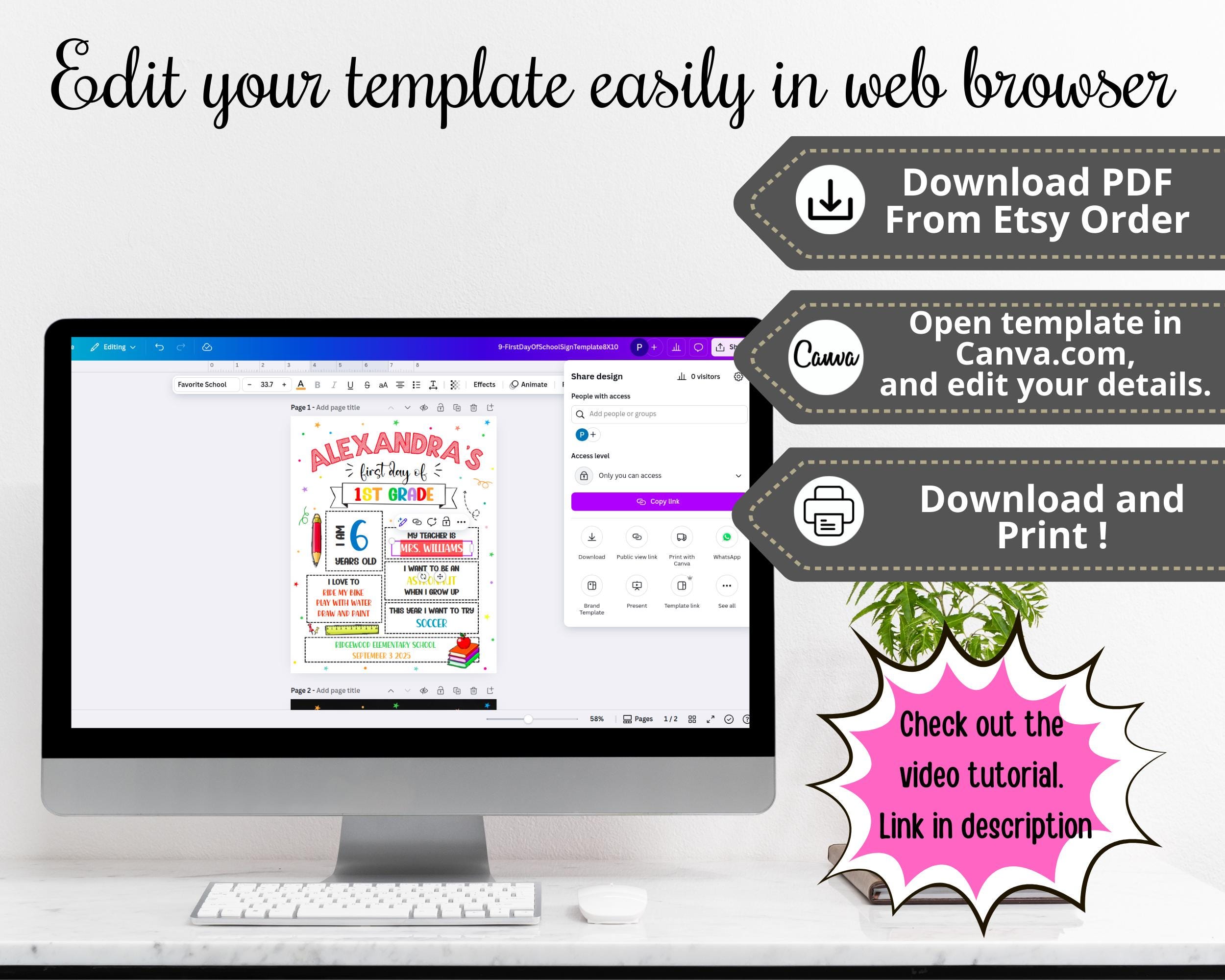 Editable First Day of School Sign Printable, Canva Template, Any Grade ...