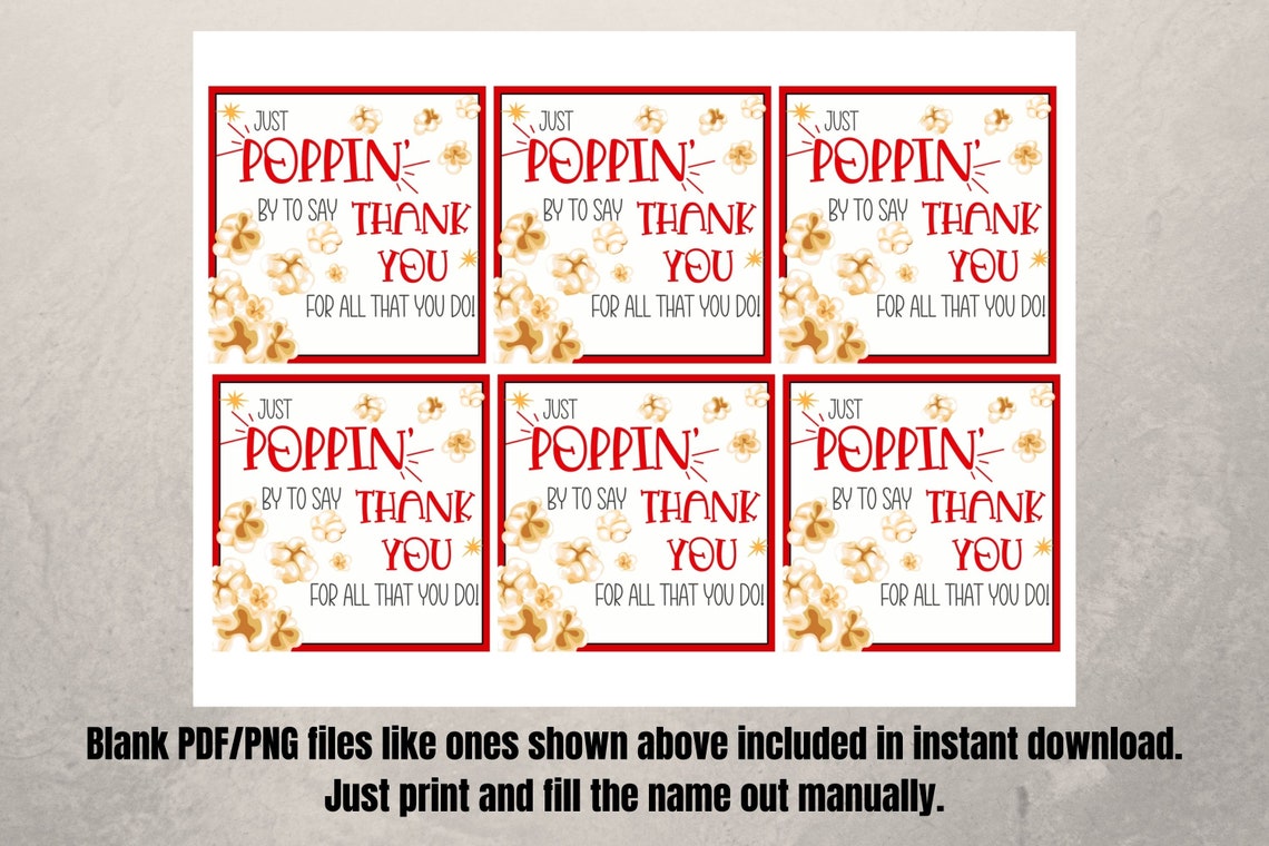 Just Poppin by to Say Thank You Gift Tag,popcorn Appreciation Gift Tag ...