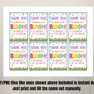 Teacher Appreciation Gift Tags, Thank You for Helping Us to Bloom Gift ...