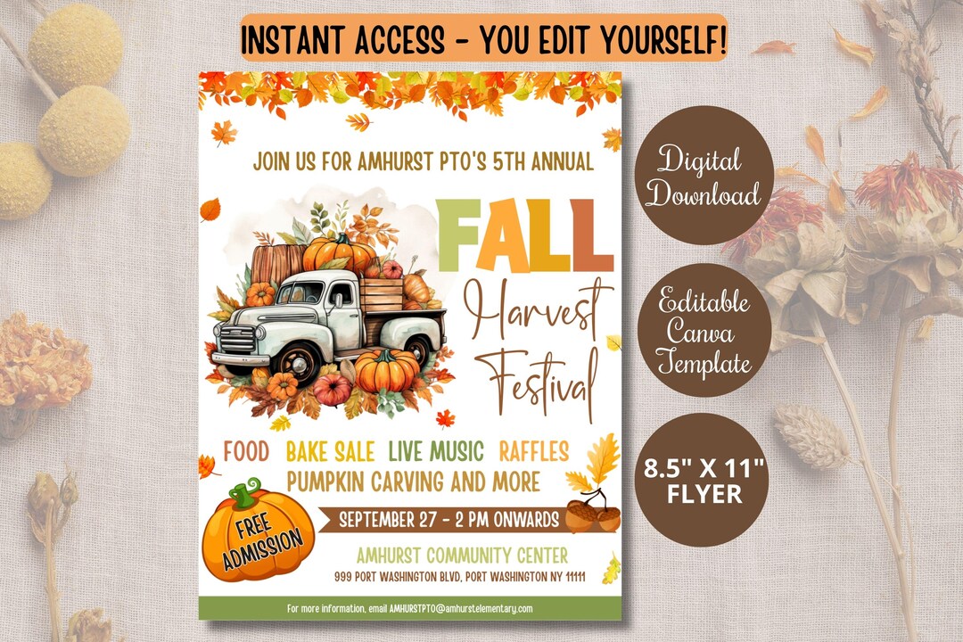Fall Harvest Festival Flyer Editable Canva Template, School, Church ...