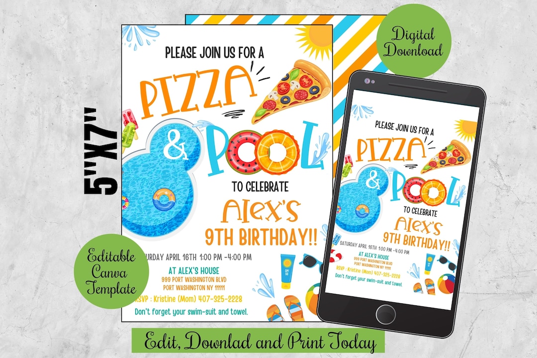 EDITABLE Pizza and Pool Party Invite Phone Evite ,canva Digital ...