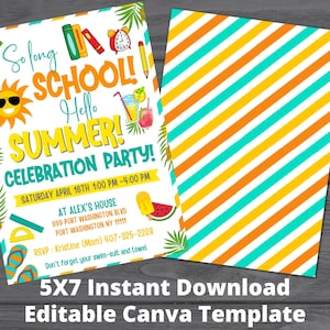 EDITABLE End of School Party Invite Evite ,so Long School, Hello Summer ...