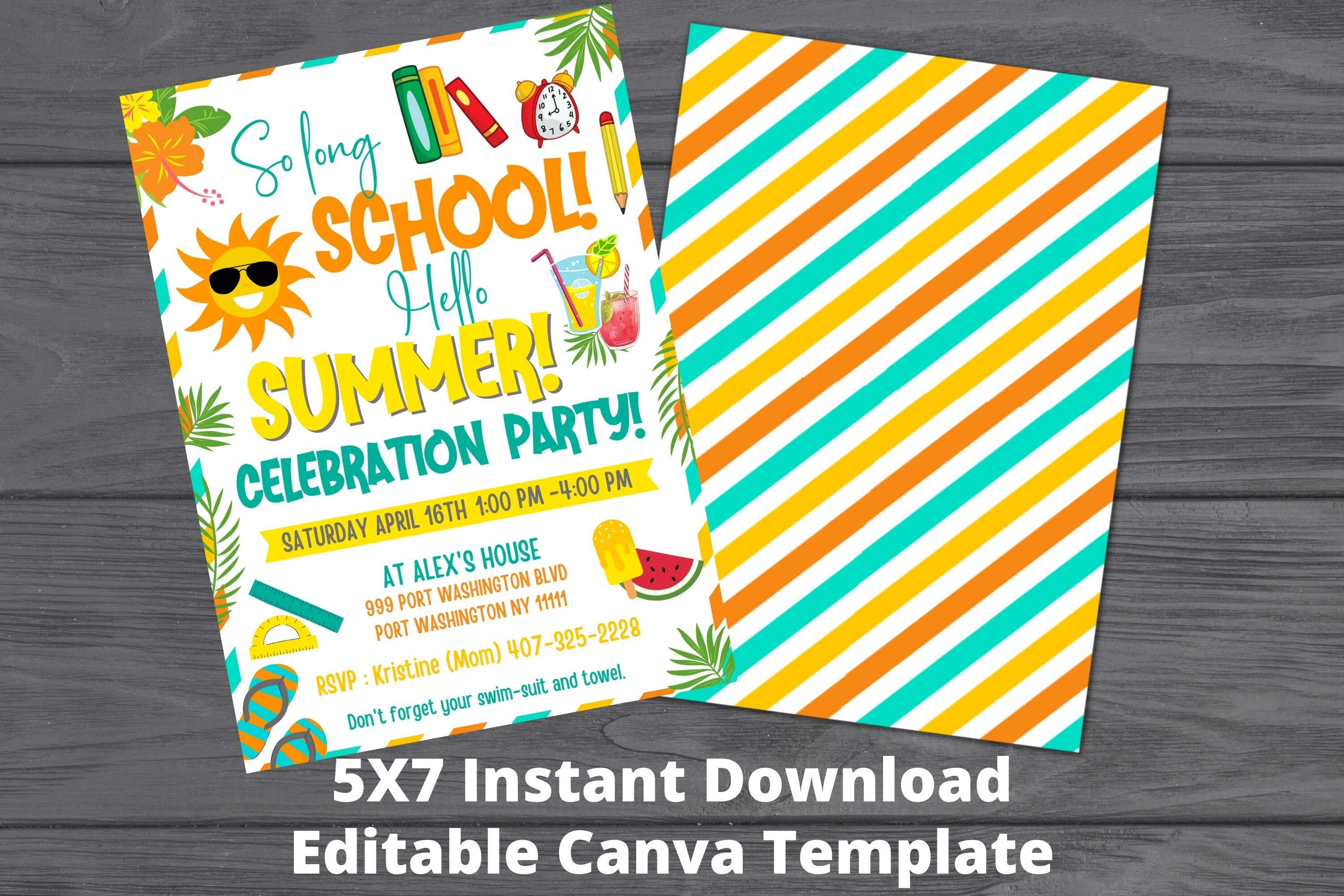EDITABLE End of School Party Invite Evite ,so Long School, Hello Summer ...