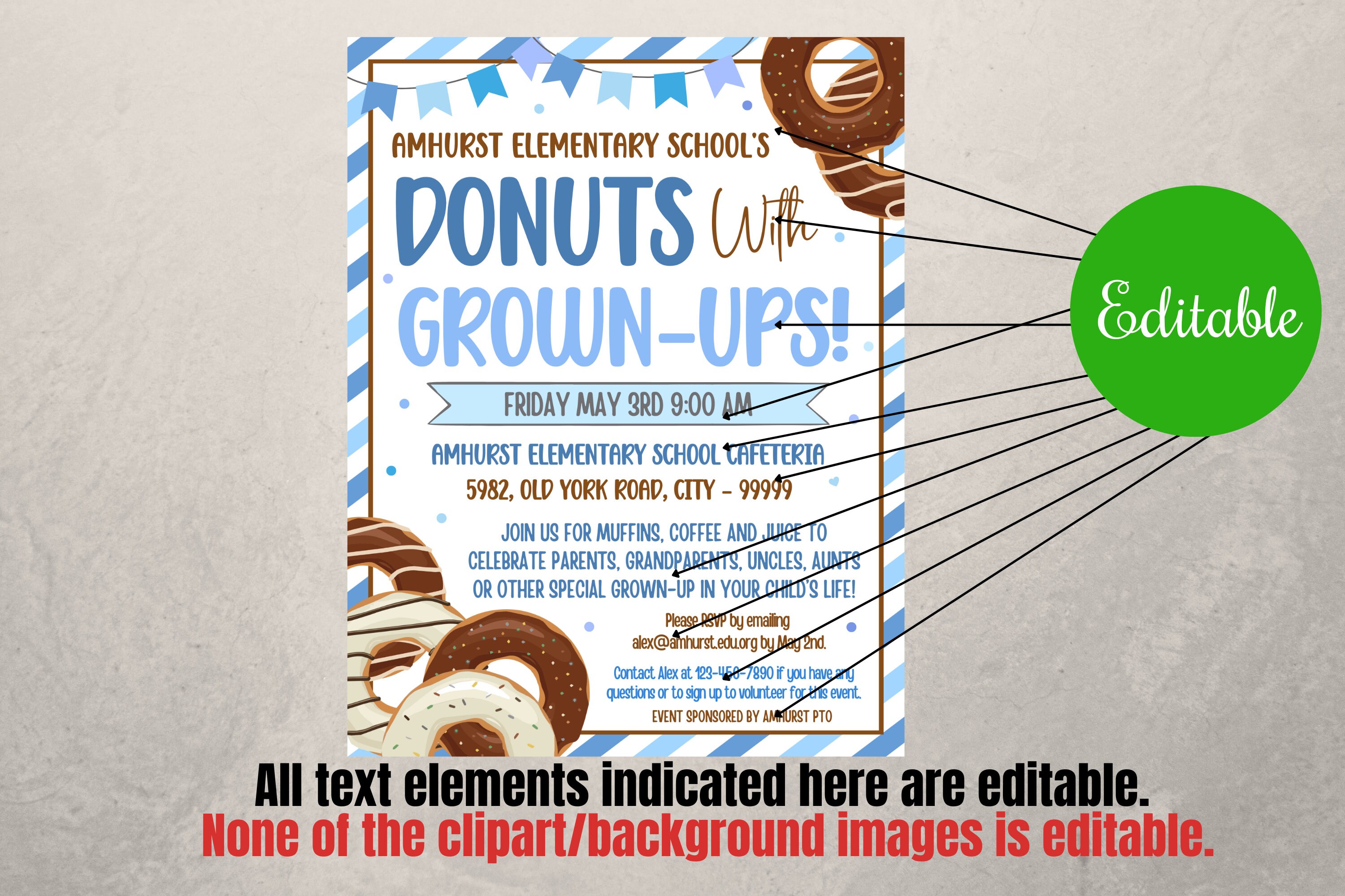 Donuts With Grownups PTO PTA Flyer, Donuts With Dad Event Invite Poster ...