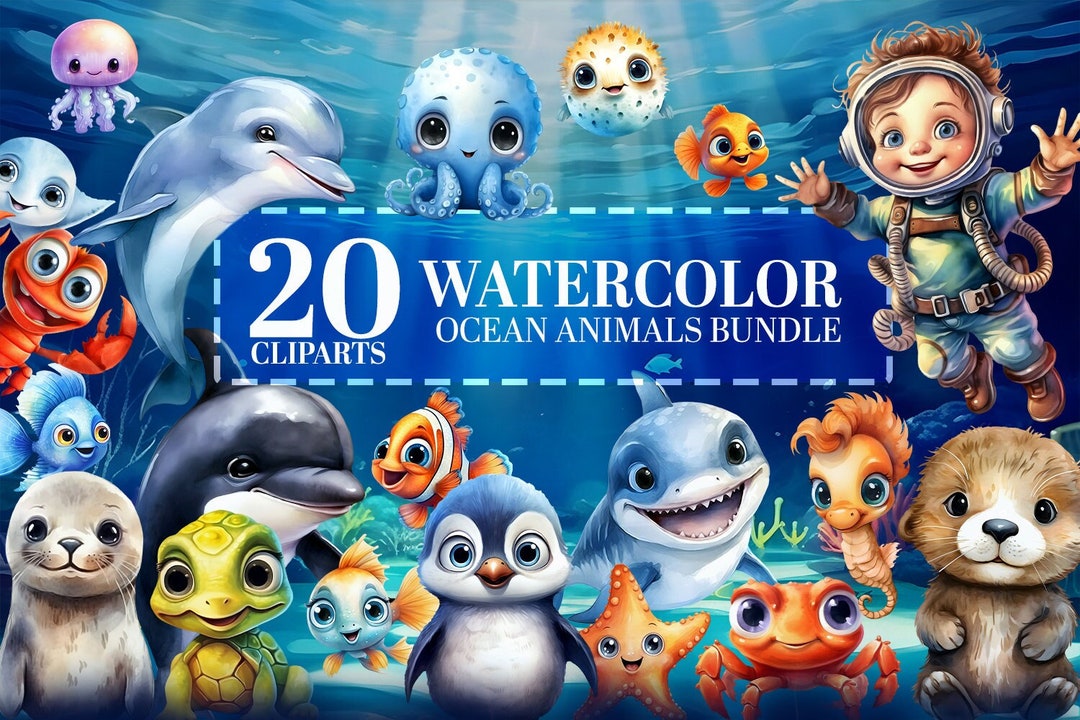 Watercolor Ocean Babies Clipart Bundle: 20 Cute Sea Animals PNG ...