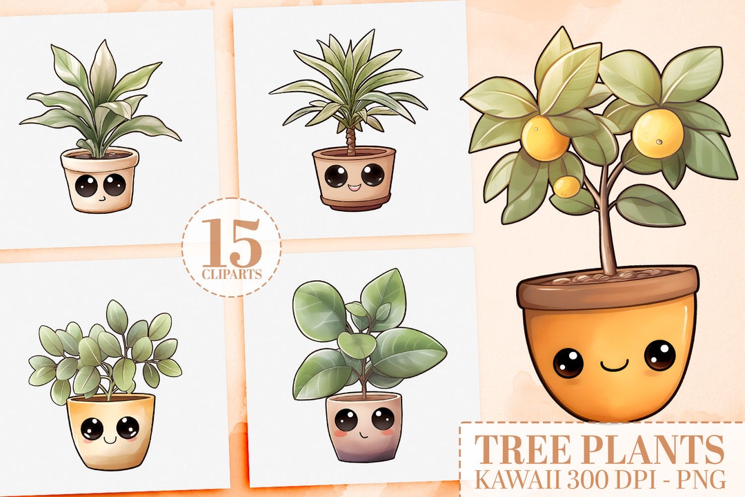 15 Kawaii Tree Plant Cliparts: Unique Watercolor Plants PNG, Classroom ...