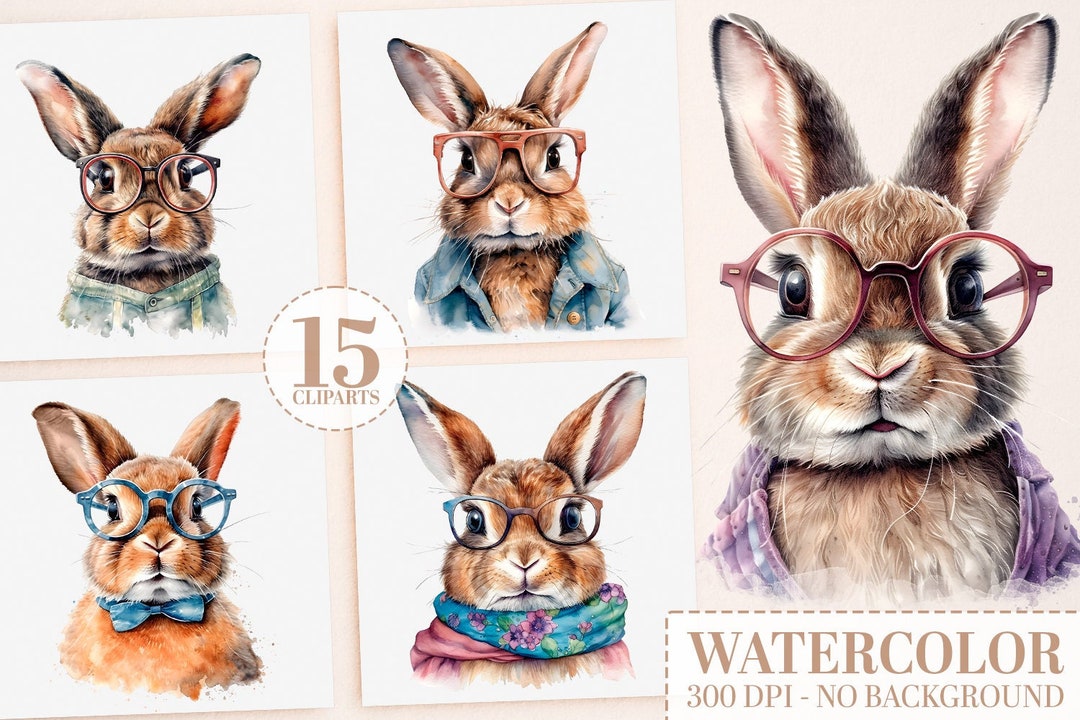 Watercolor Bunny Clipart Bundle: 15 Cute Bunnies With Glasses PNG ...