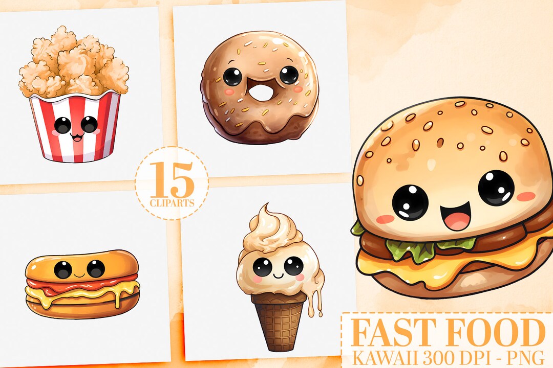 15 Kawaii Fast Food Clipart Bundle, Cute Food Pngs, Kawaii Burger ...