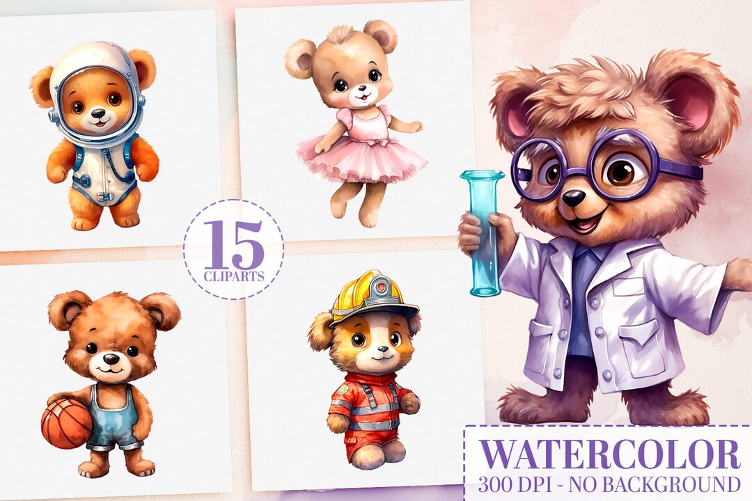 Watercolor Teddy Bear Career Clipart Bundle - 15 Dream Job Teddy Bears ...