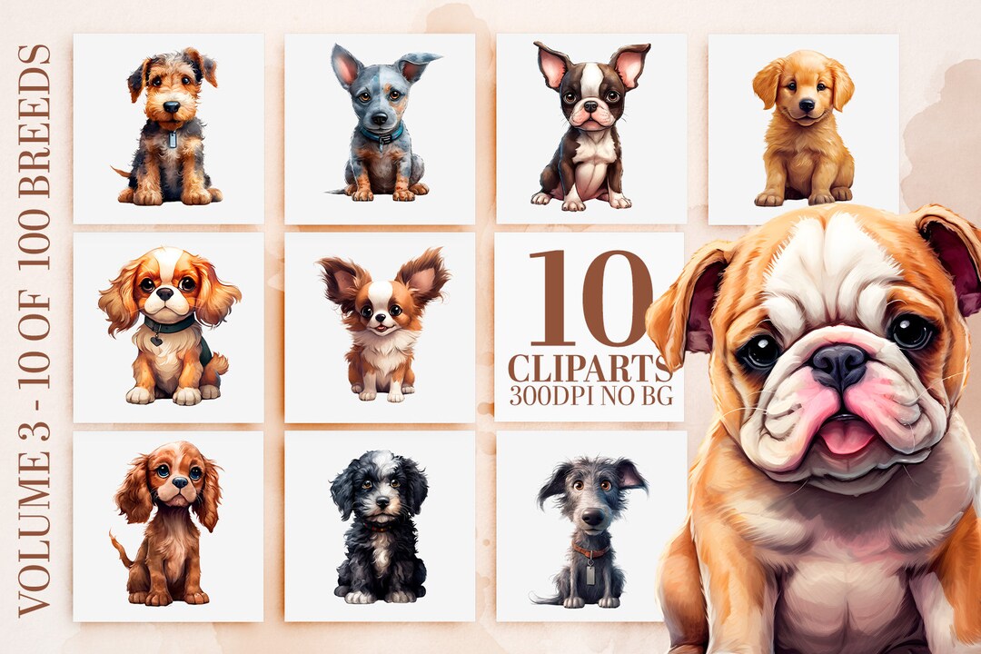 Watercolor Puppy Clipart Bundle - 10 Cute Dog Breeds PNG, Sublimation ...
