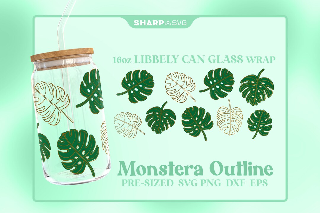 Monstera Outline SVG Can Glass Wrap SVG • 16oz Glass Beer Can Cutfile ...