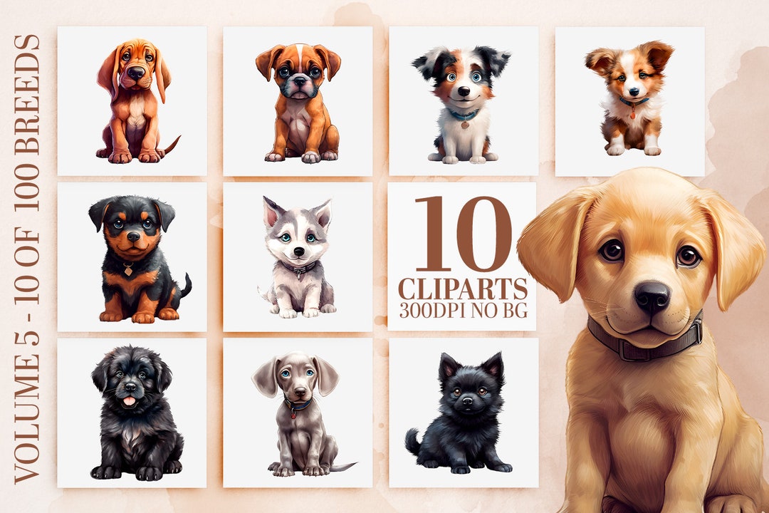Adorable Watercolor Dog Breeds Clipart Bundle 10 Cute Puppies PNG ...