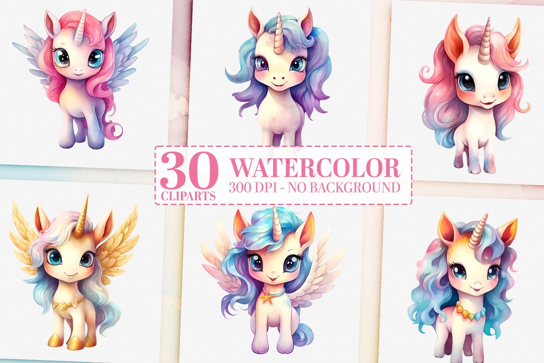 30 Baby Unicorn Watercolor Clipart PNG Bundle, Cute Rainbow Unicorns ...