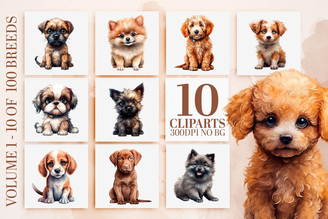 Watercolor Puppy Clipart Bundle - 10 Adorable Dog Breeds, Cute PNG ...