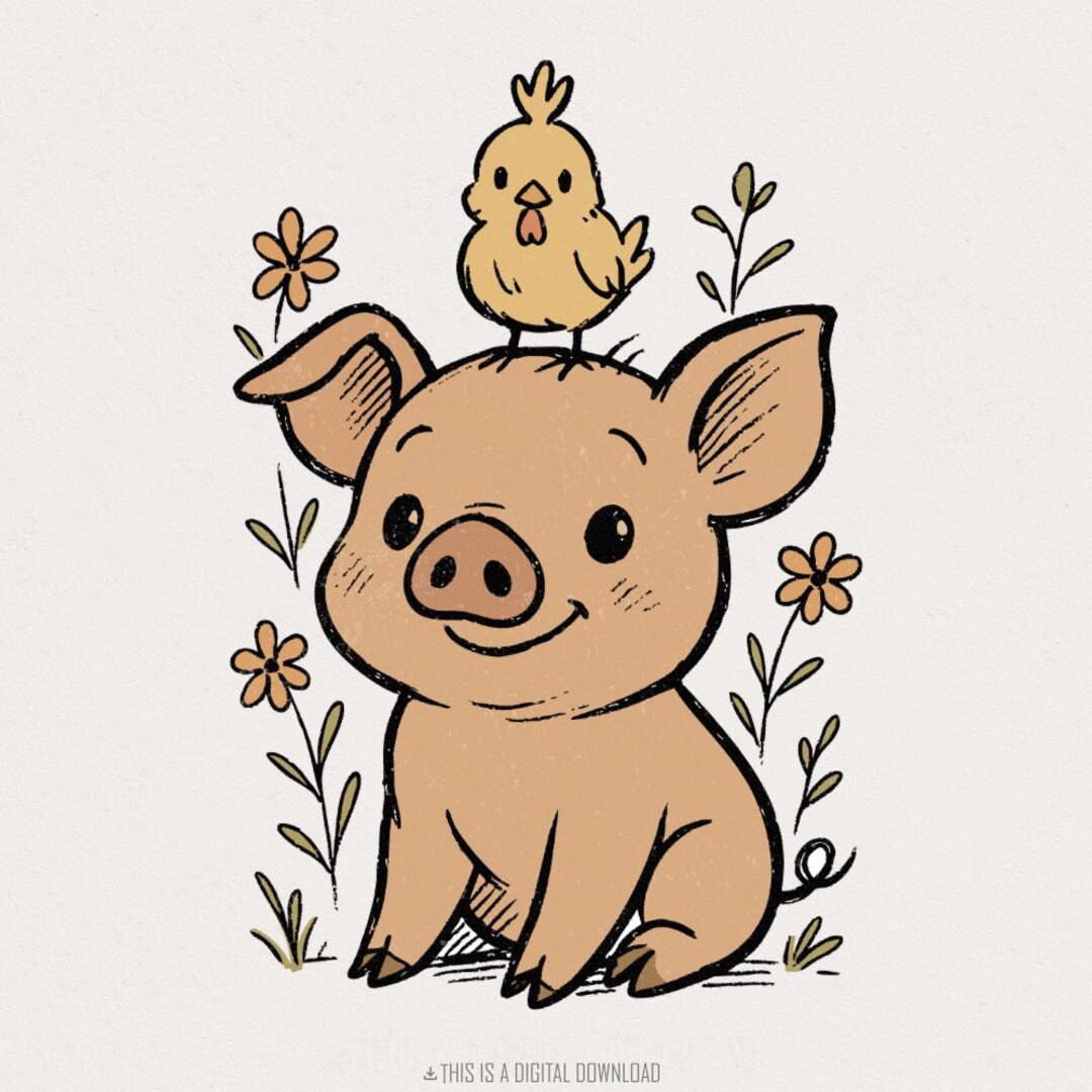 Cute Pig With Chick on Head PNG, Funny Farm Animal Sublimation, Vintage ...