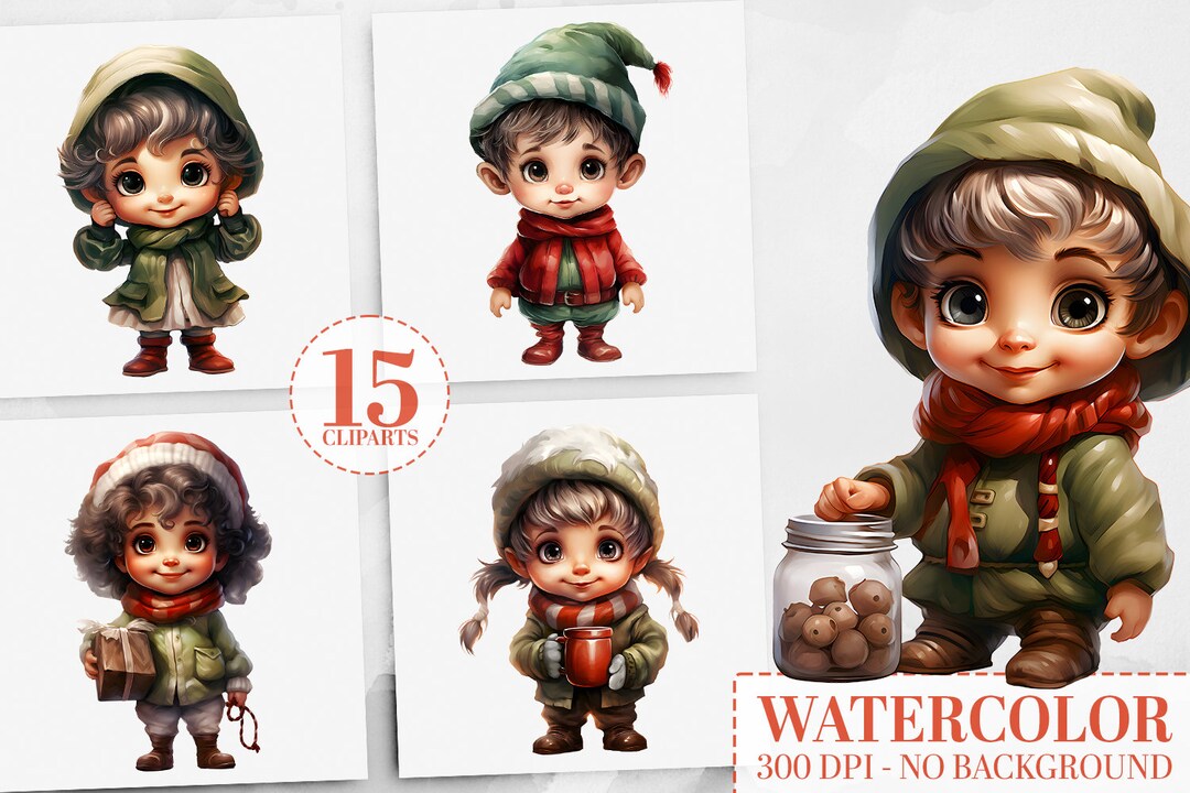 15 Cute Christmas Elves Clipart PNG, Elf & Elve Watercolor Bundle ...